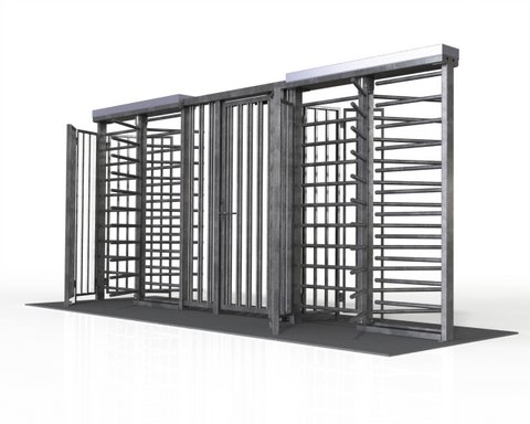 Security turnstile entrance with two full height turnstiles and ...